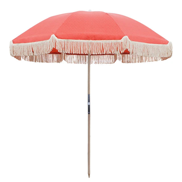 Luxury Tassel Wooden Beach Umbrella with Custom Printed Logo-Red ...